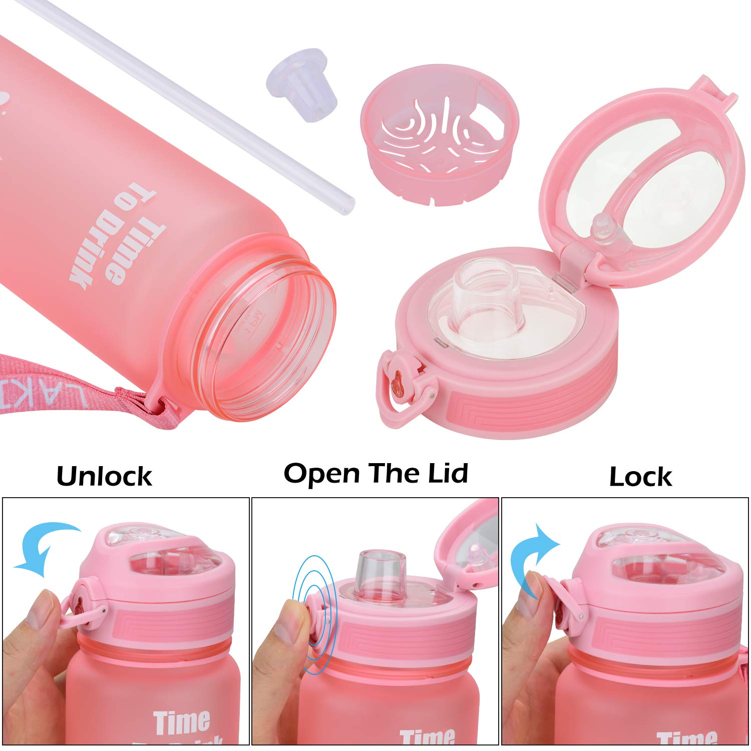 LAKIBOLE 32 oz Water Bottle with Time Marker with Straws, Time to Drink Water Bottle for Office, Gym, Home, Health Gift - Pink