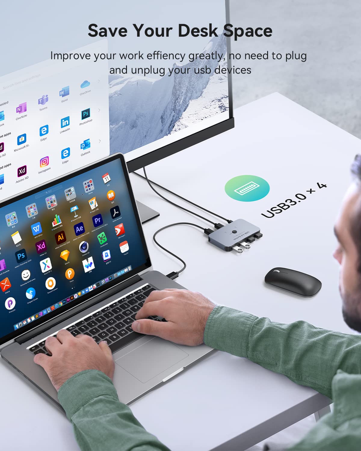 USB Switch 3.0 KVM Switch, ABLEWE Aluminum USB switcher 2 Computers Sharing 4 USB Devices for PC Printer Scanner Mouse Keyboard with 2 Pack USB 3.0 Cable