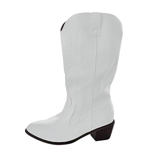 XRCQCAD Snow Boots for Women Tall Sparkly Cowgirl Boots Cowboy Boots for Women Black And Blue Embroidered Country Outdoor Slip Shoes Chunky Heel Waterproof Soft Casual White Boots
