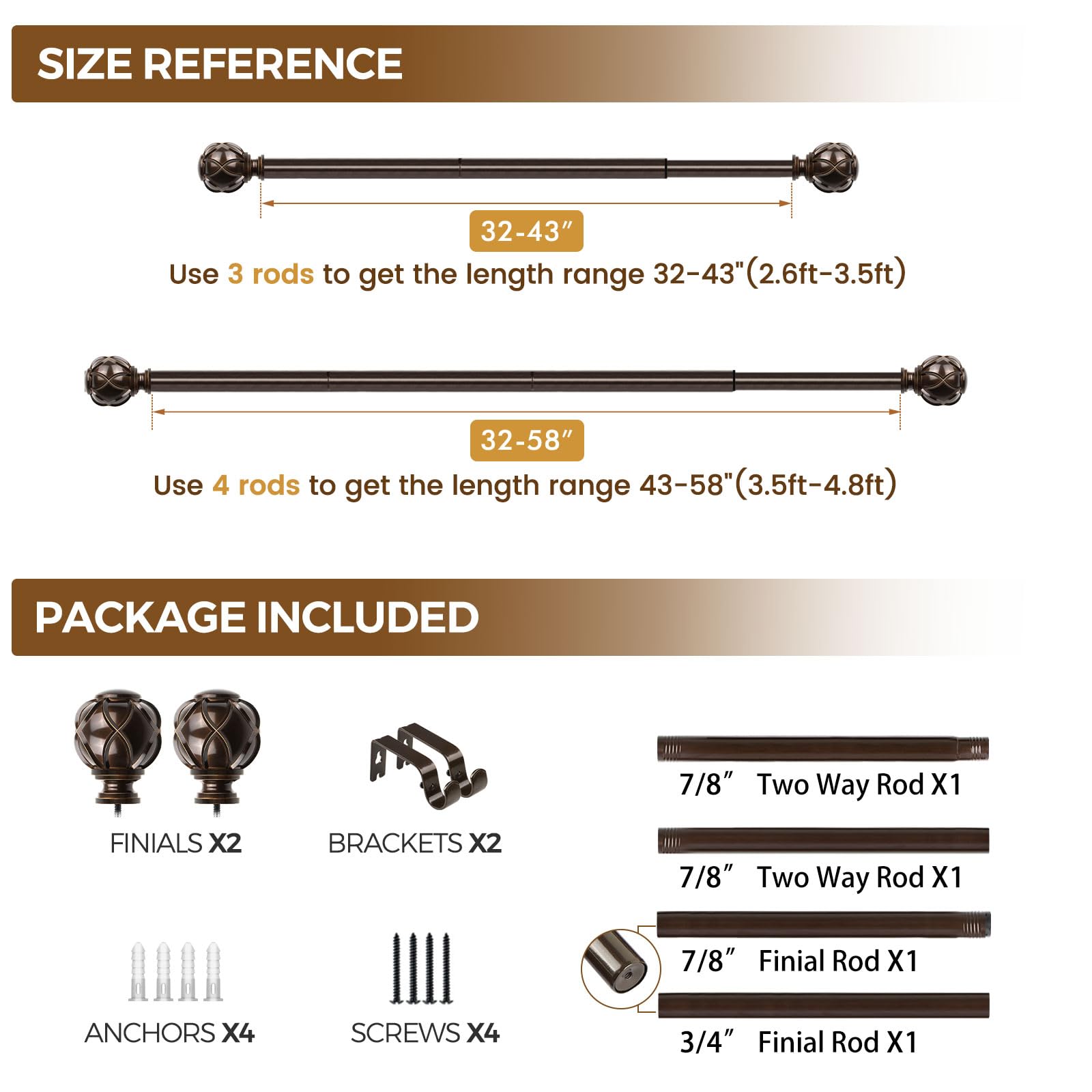 KAMANINA Single Curtain Rod 32 to 58 Inch(2.6-4.8Ft), 7/8 Inch Antique Bronze Adjustable Drapery Rod for Windows, Decorative Netted Texture End