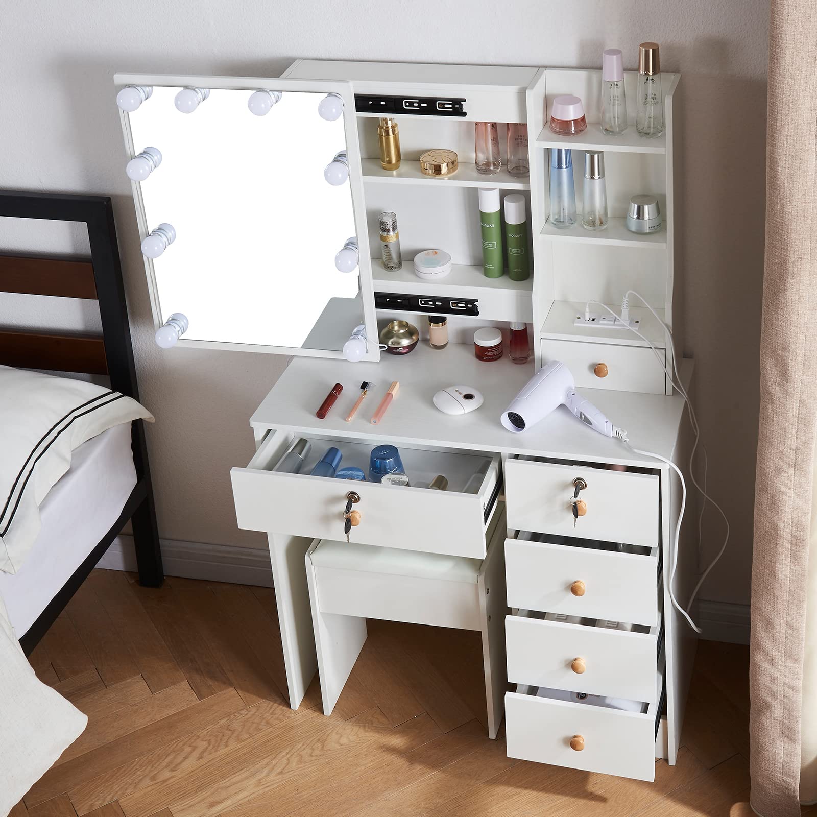 Jarbalai White Modern Makeup Vanity Dressing Table with 10 LED Lights Mirror, Makeup Desk with Charging Station & 5-Drawer Chest, Vanity Set, Vanity Table with Cushioned Stool for Bedroom