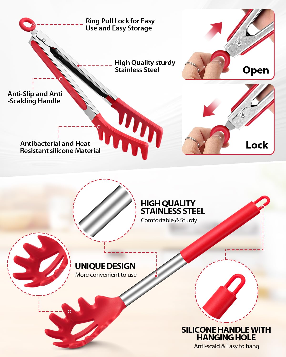 Spaghetti Spoon and Pasta Tong, Non-stick Silicone Spoon Server Fork with teeth and Stainless Steel Handle Spaghetti Tong, Food Clip for Spaghetti Noodle, Red