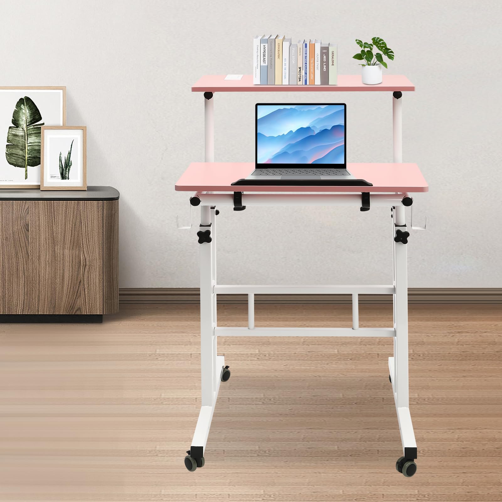 LEYSRIS Mobile Standing Desk Stand up Computer Desk Workstation with Universal Wheels, Adjustable Height Dual Desktop Tilting Panel Rolling Computer Cart with 2 USB Interfaces and 2 Sockets (Pink)