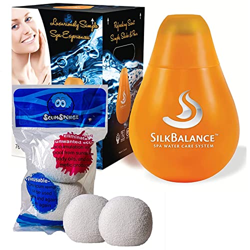 Silk Balance Hot Tub 76 oz with ScumSponge Oil-Absorbing Sponge for Spas, Natural Treatment to Keep pH and Alkalinity Balanced for Hot Tubs, Pool & Spa, SILKBALANCE Water Care Solution, 4 Month Supply