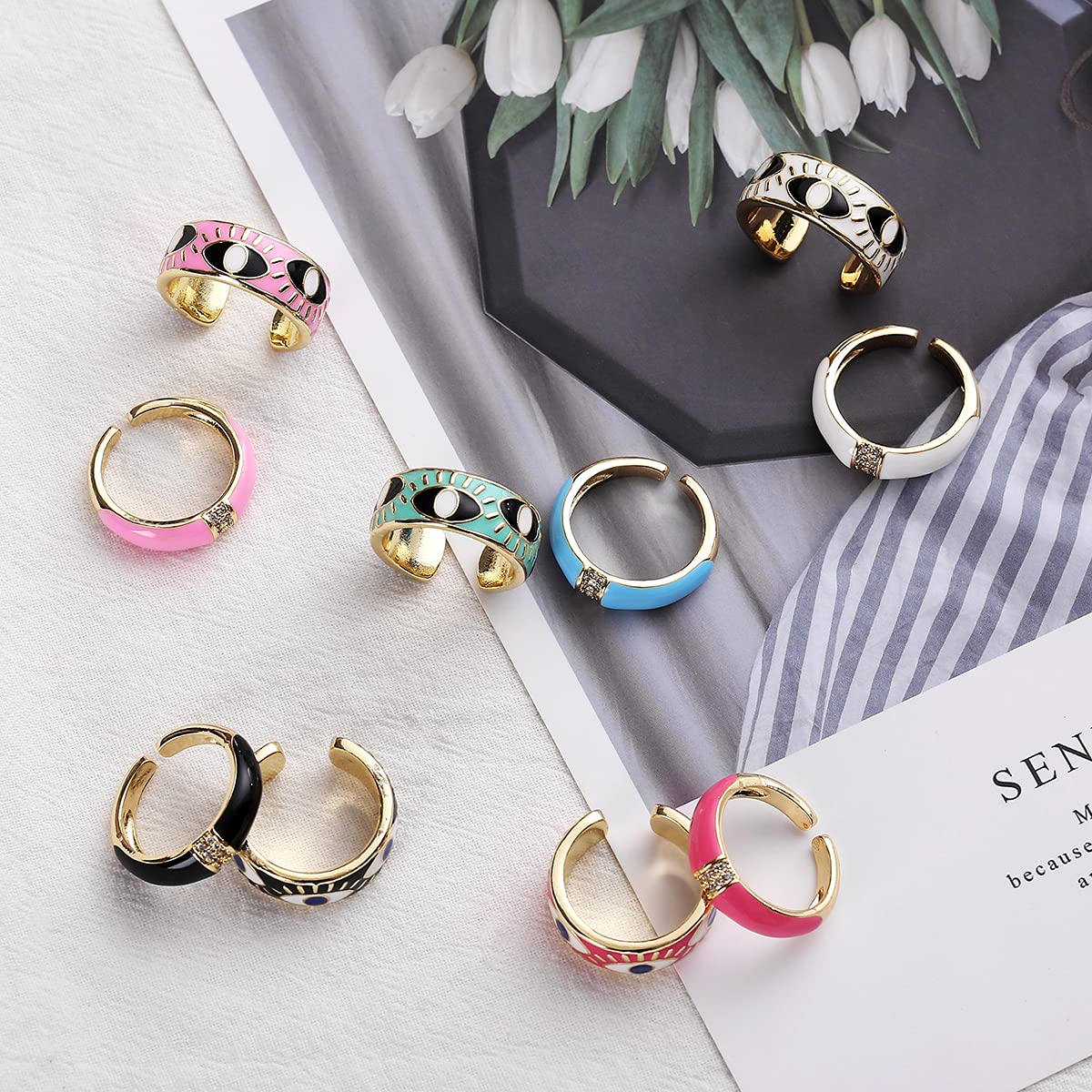 LUREME Enamel Evil Eye Rings Set for Women Colorful Stacking Rings Enamel Stackable Finger Bands Rings Set (rg002048-1)