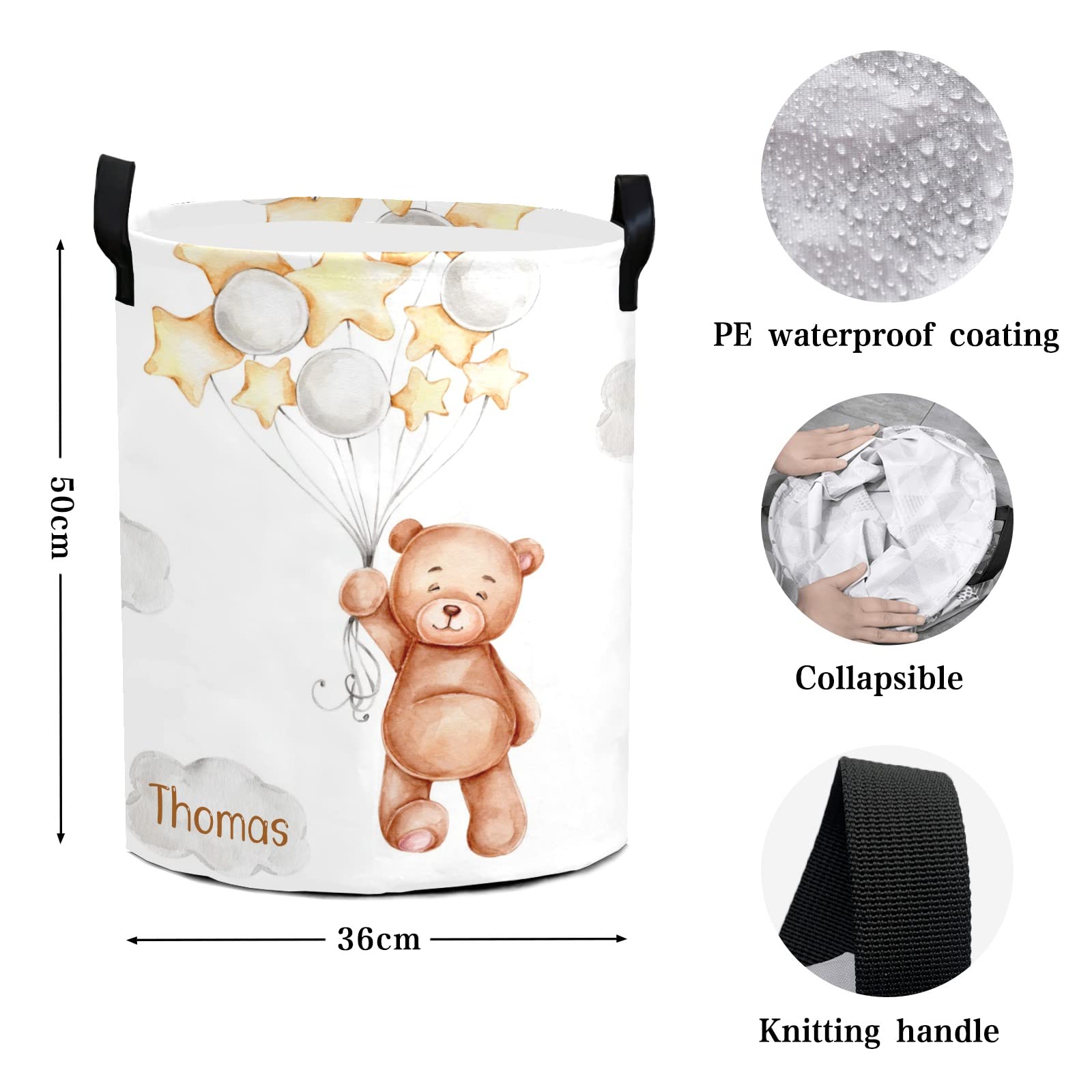Teddy Bear Balloon Personalized Laundry Hamper,Custom Name Collapsible Waterproof Laundry Basket Storage Bins with Handle for Clothes,Toy,Nursery