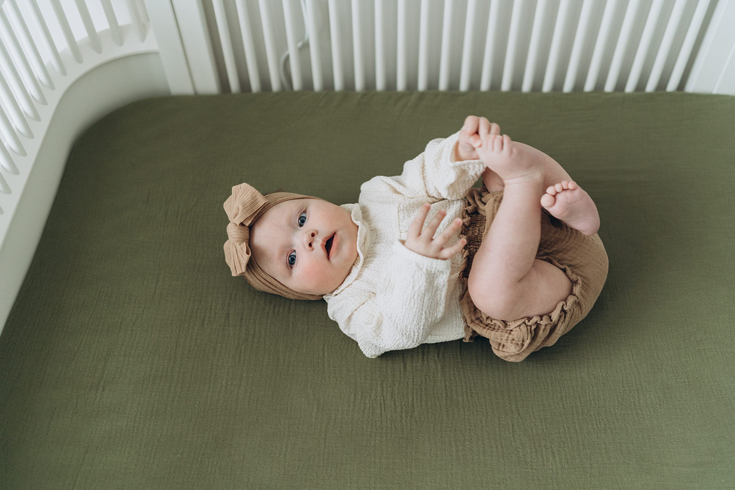 Little Babes 100% Organic Cotton Muslin Crib Sheet | Fitted Crib Sheet for Standard Crib Mattress or Toddler Mattress | Breathable Sheets |Neutral Crib Sheets| Included: Bunny Comforter| Olive Green