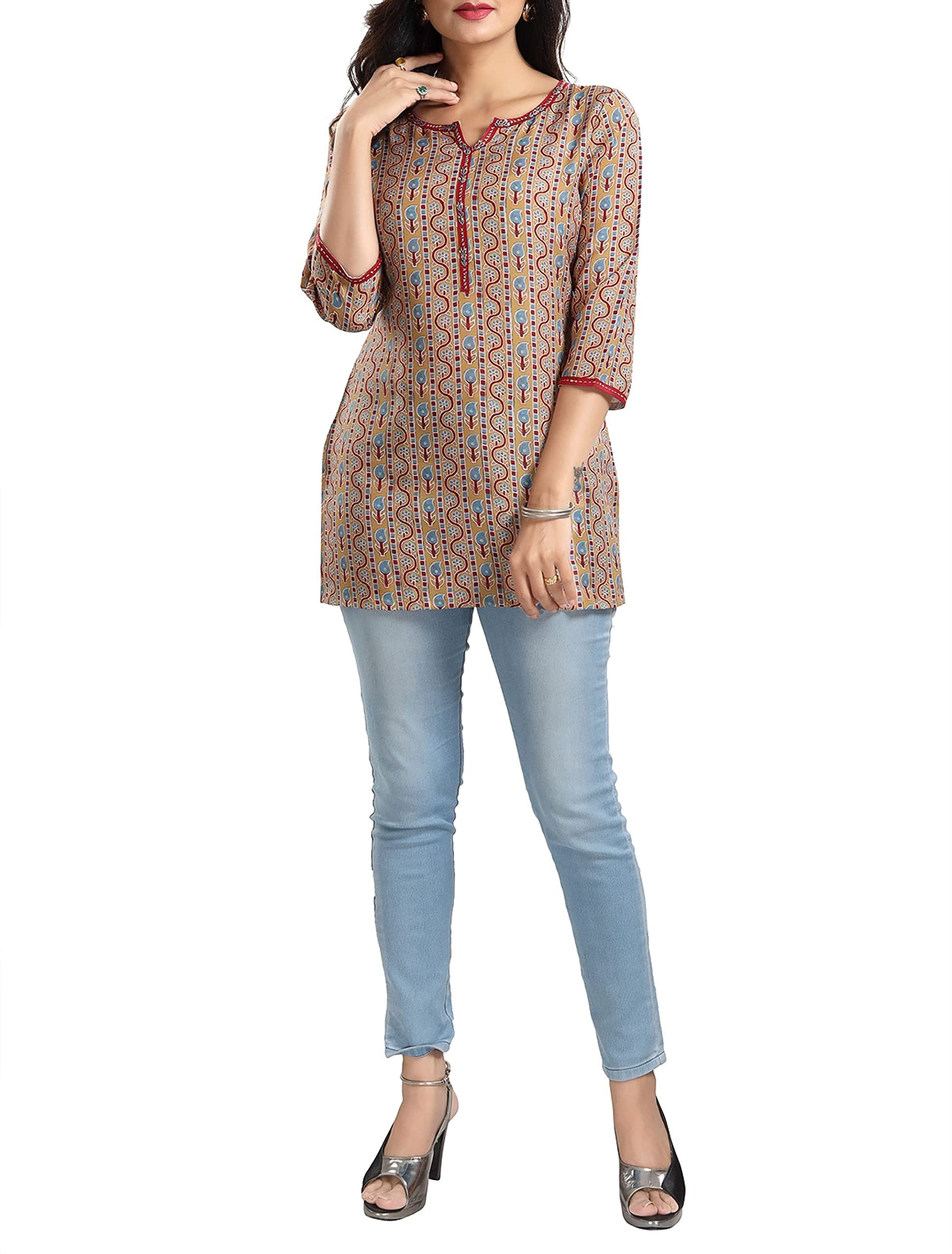 IshDeena Indian Kurtis for Women Indian Style Printed Embroidered Tunics Womens Tops Kurta (2X Large, Maroon - 0622ID5)