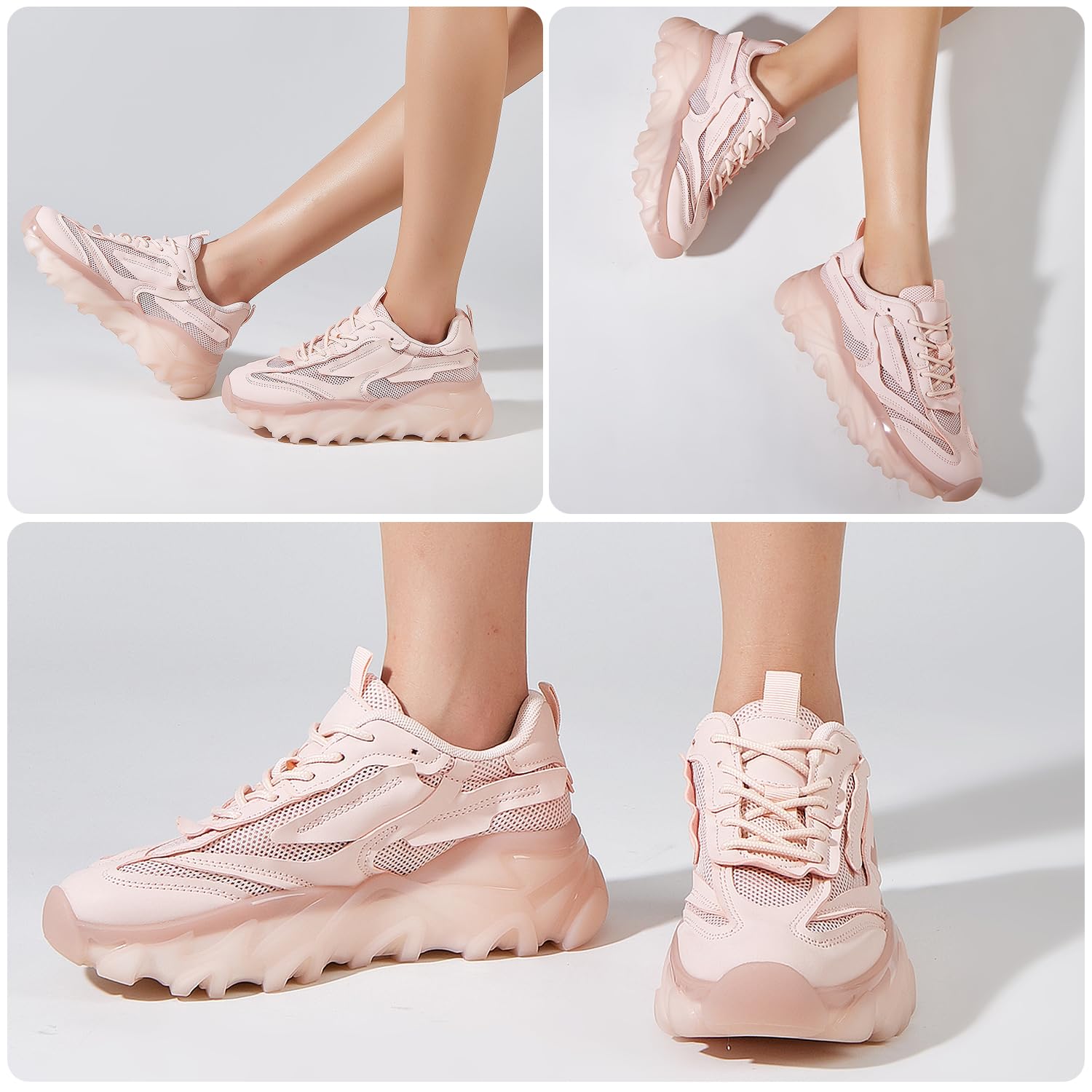 LUCKY STEP Women‘s Chunky Fashion Sneakers Platform Dad Cusual Classic Mesh Walking Shoes Comfortable Lace up Travel Sneakers(Pink,9B(M) US)