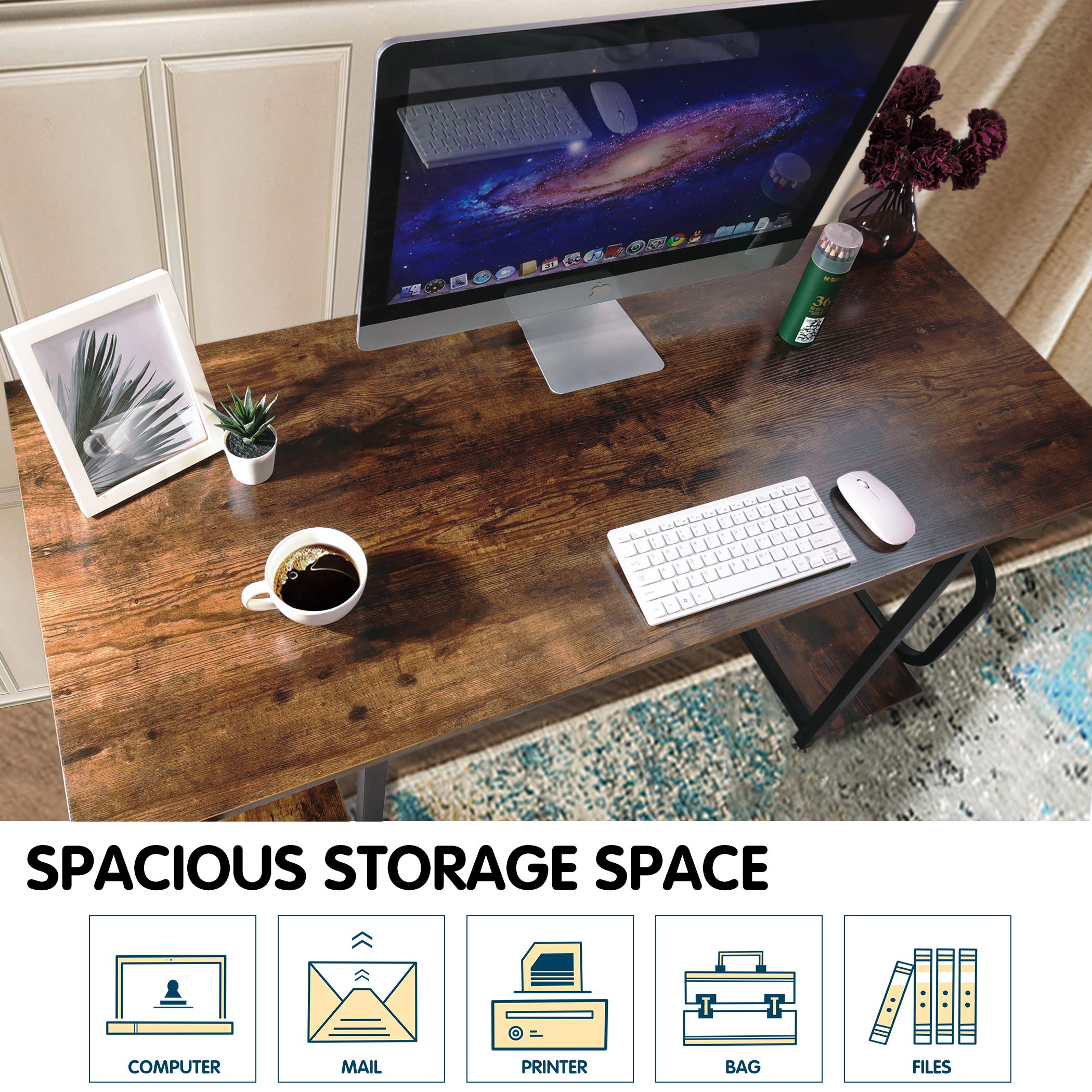 Lavievert 55 inch Computer Desk with Storage Shelves, Study Writing Table, PC Laptop Desk Workstation for Home & Office - Rustic Brown