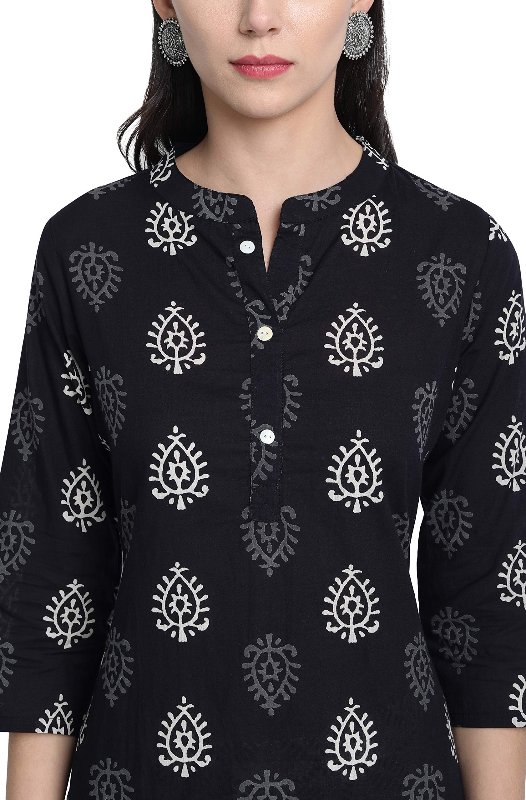 Janasya Indian Women's Black Cotton Kurta With Palazzo and Dupatta
