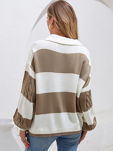 ZAFUL Women 2023 Striped V Neck Long Sleeve Sweater Fall Lapel Collar Ribbed Knit Loose Pullover Sweater Jumper Top Brown