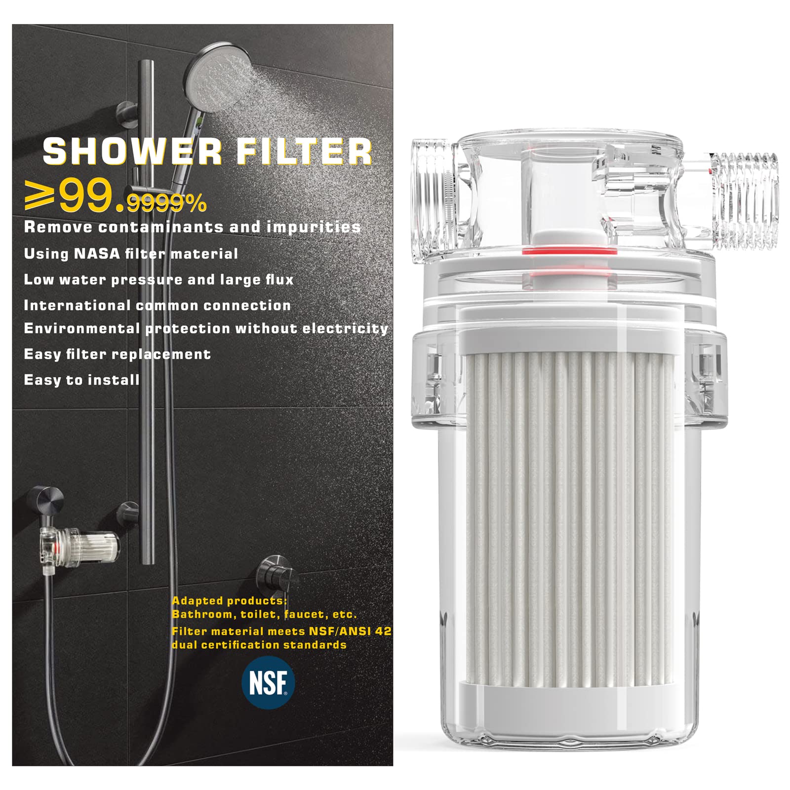 Shower Filter, Shower Water Filter, Remove Pollutants, Chlorine, Heavy Metals, Etc, Suitable for Dry Skin, Bath Protection for Ladies, Infants, NSF/ANSI 42 Certification