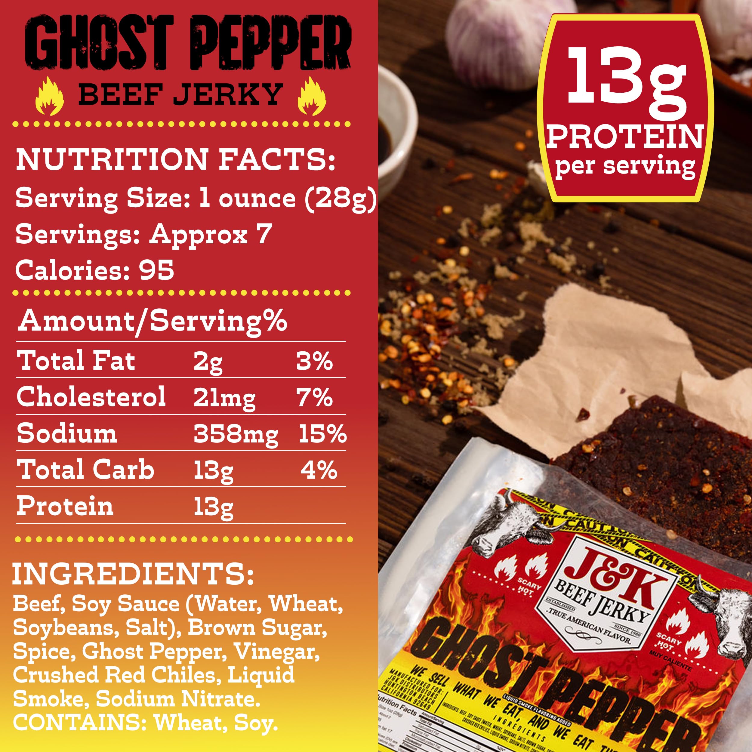 J&K Jerky Ghost Pepper Beef Jerky - Spicy American-Made Slab Jerky for the Bold Snacker - 7oz Big Bag of Jerky