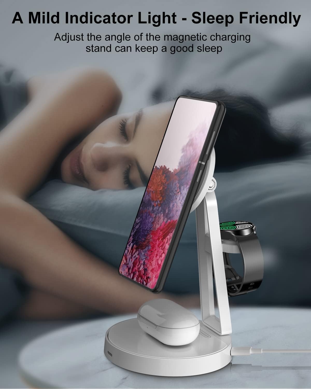 Magnetic Wireless Charging Station for Samsung, 3 in 1 Charging Stand 18W Mag-Safe Fast Charger Compatible for S23/S22/S21/S20/S10/Note 20/Z Flip 4, for iPhone 15,14,13,12, for Galaxy Watch & Buds
