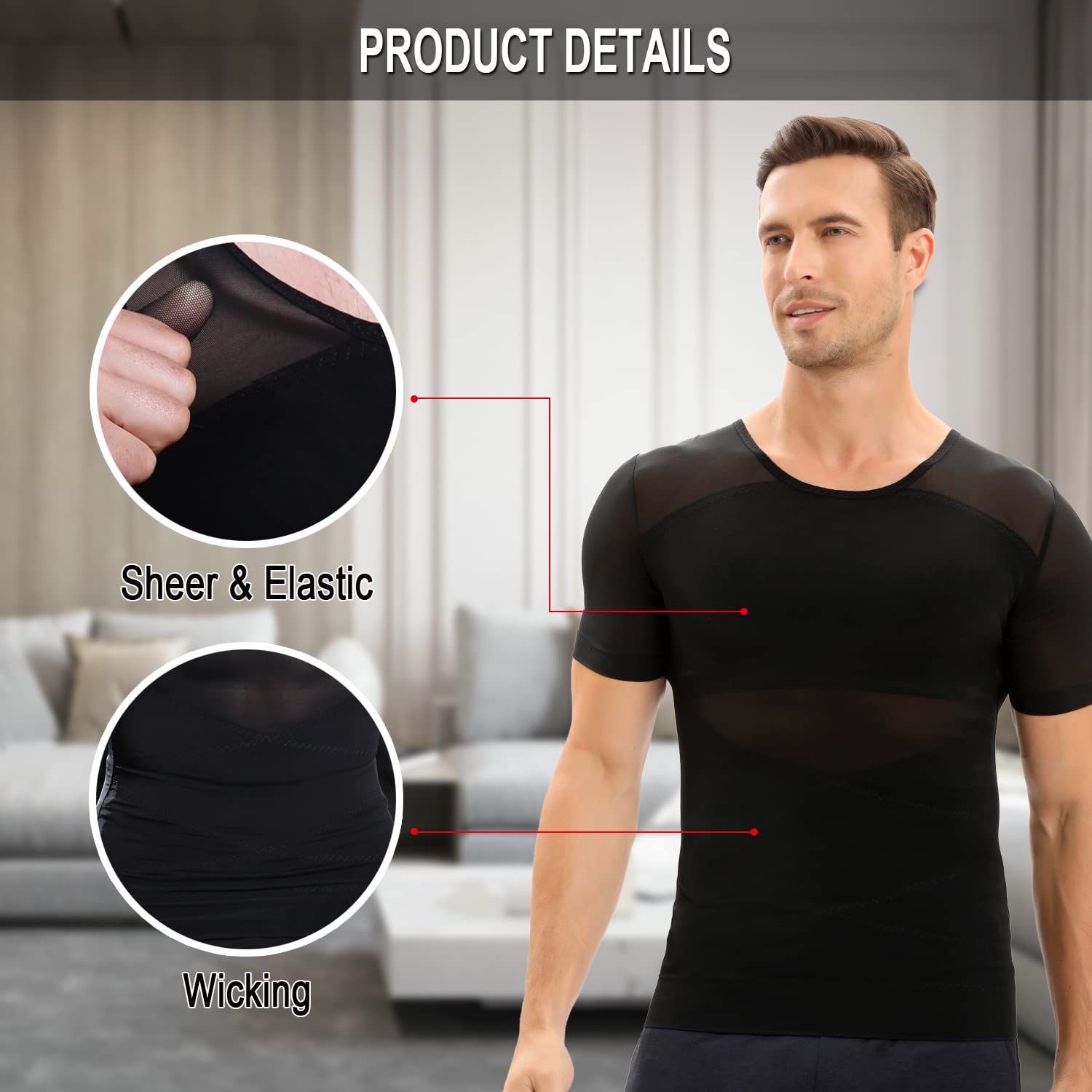 PODFAN Men's Body Shaper Short Sleeve, Men's Compression Body Shaper Short Sleeves,Mens Seamless Compression Shirt Black