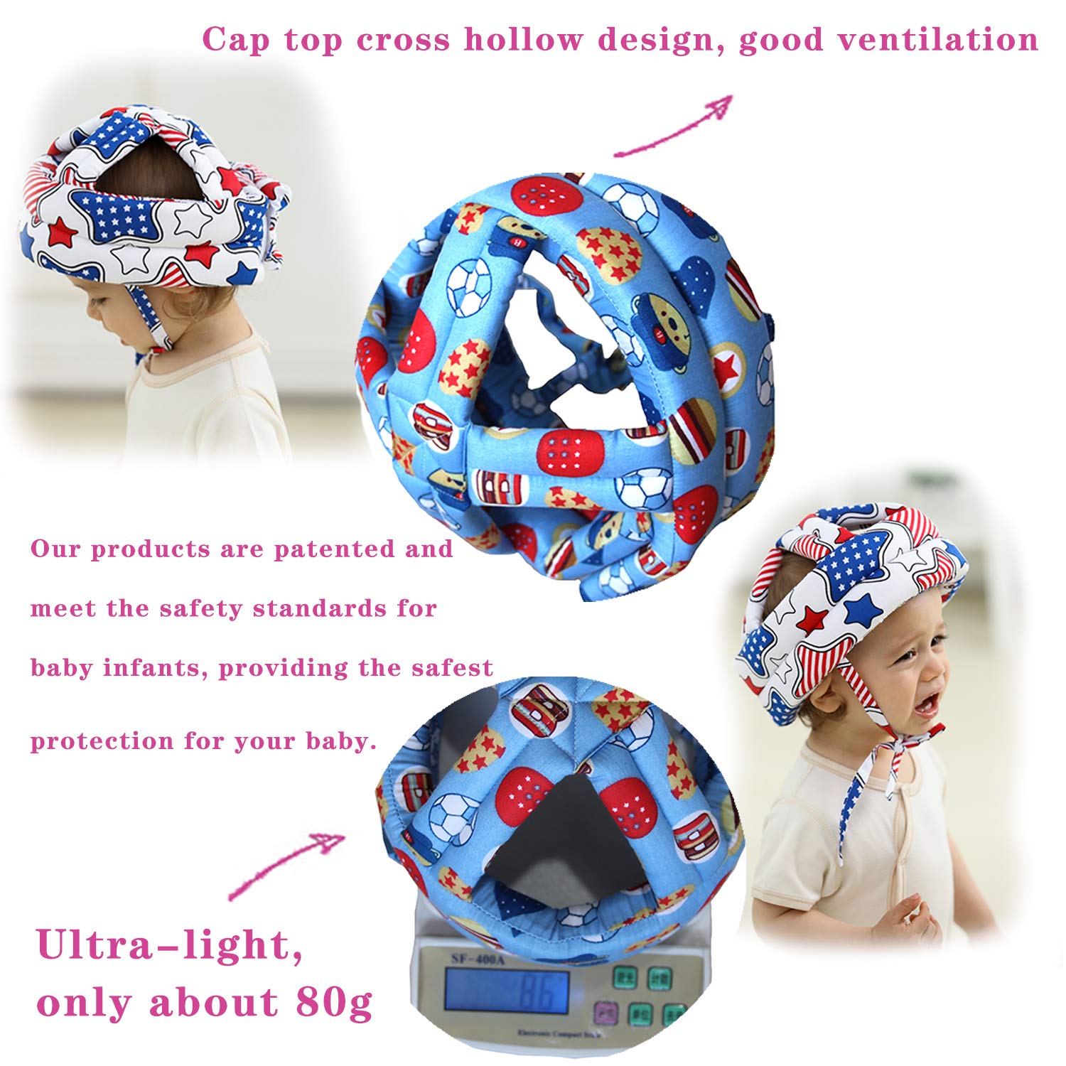 JUYIVIPToddler Baby Comfortable, Lightweight and Breathable Head Guard Head Protector Safety Helmet Children Headguard Infant Protective Harnesses Cap Machine Washable (Five Stars with White Stripes)
