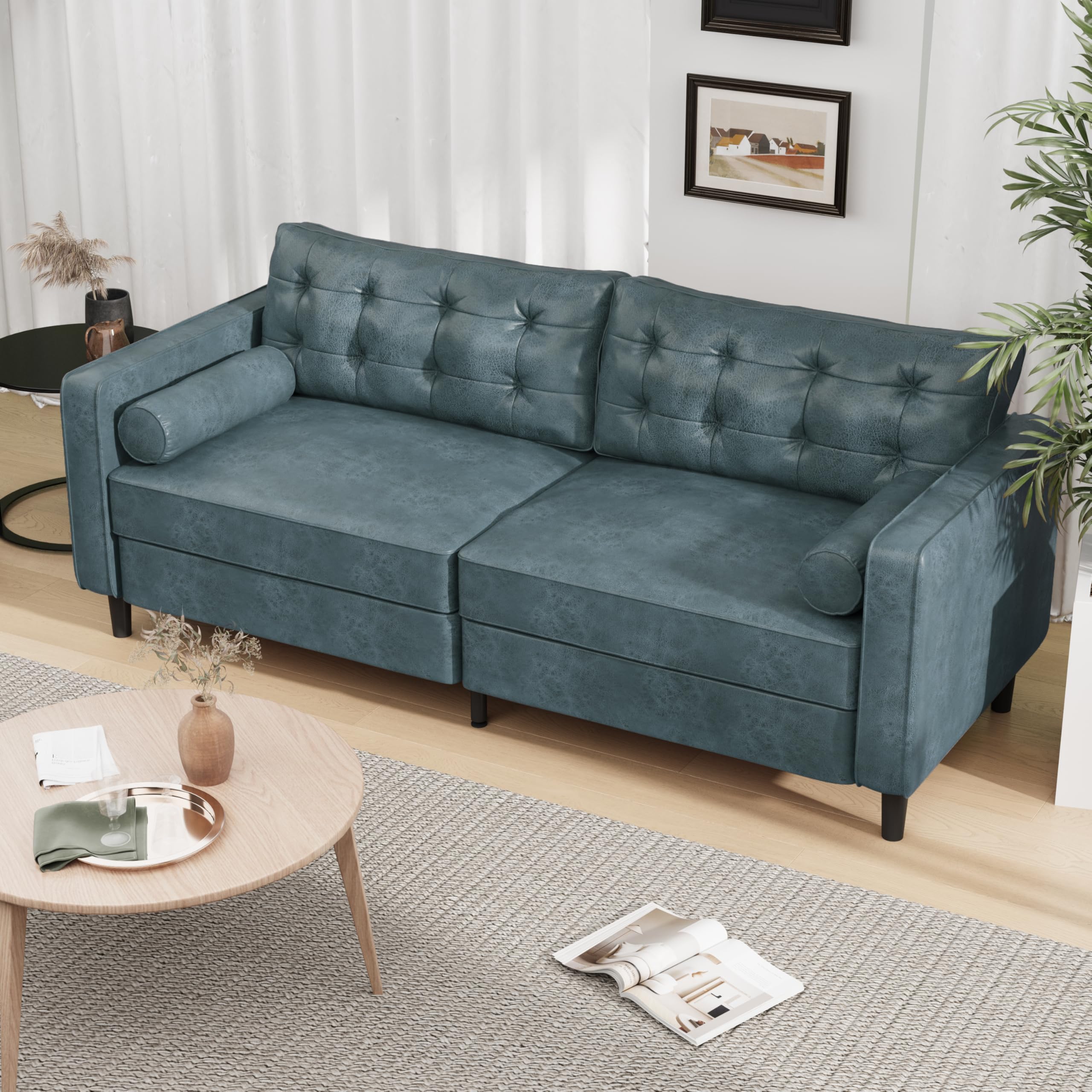 YODOLLA 84.2" Faux Leather Sofa Couch, Mid-Century Modern Sofa with 2 Bolster Pillows, 3 Seats Sofa Vintage Couch for Living Room, Studio and More, Blue