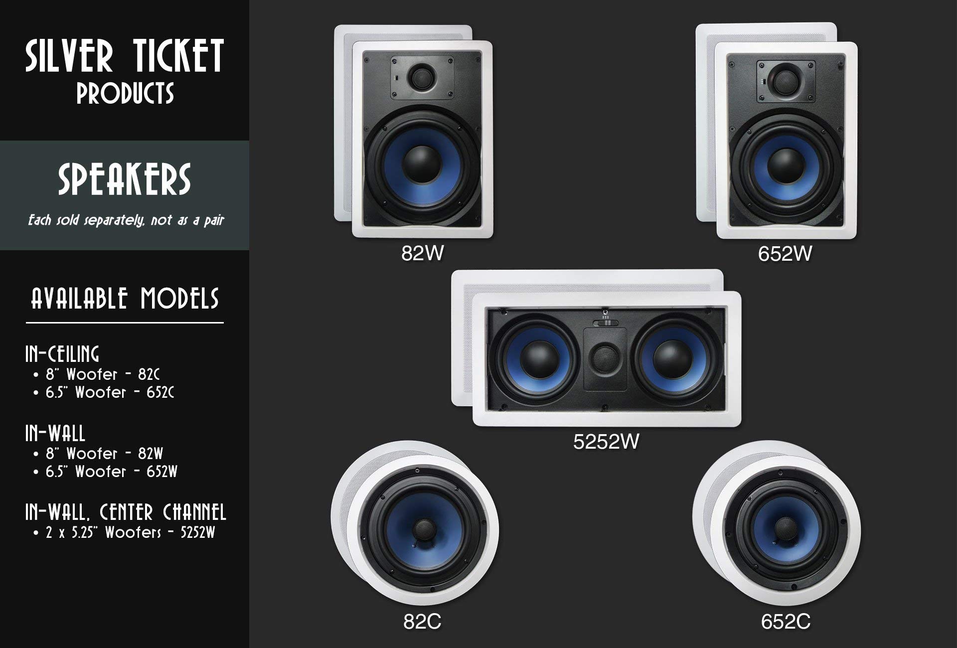 Silver Ticket Products 1 x Center, 1 x Left & 1 x Right in-Walls and 4 x in-Ceiling Surround Sound 7.1 Speaker Home Theater Bundle Package
