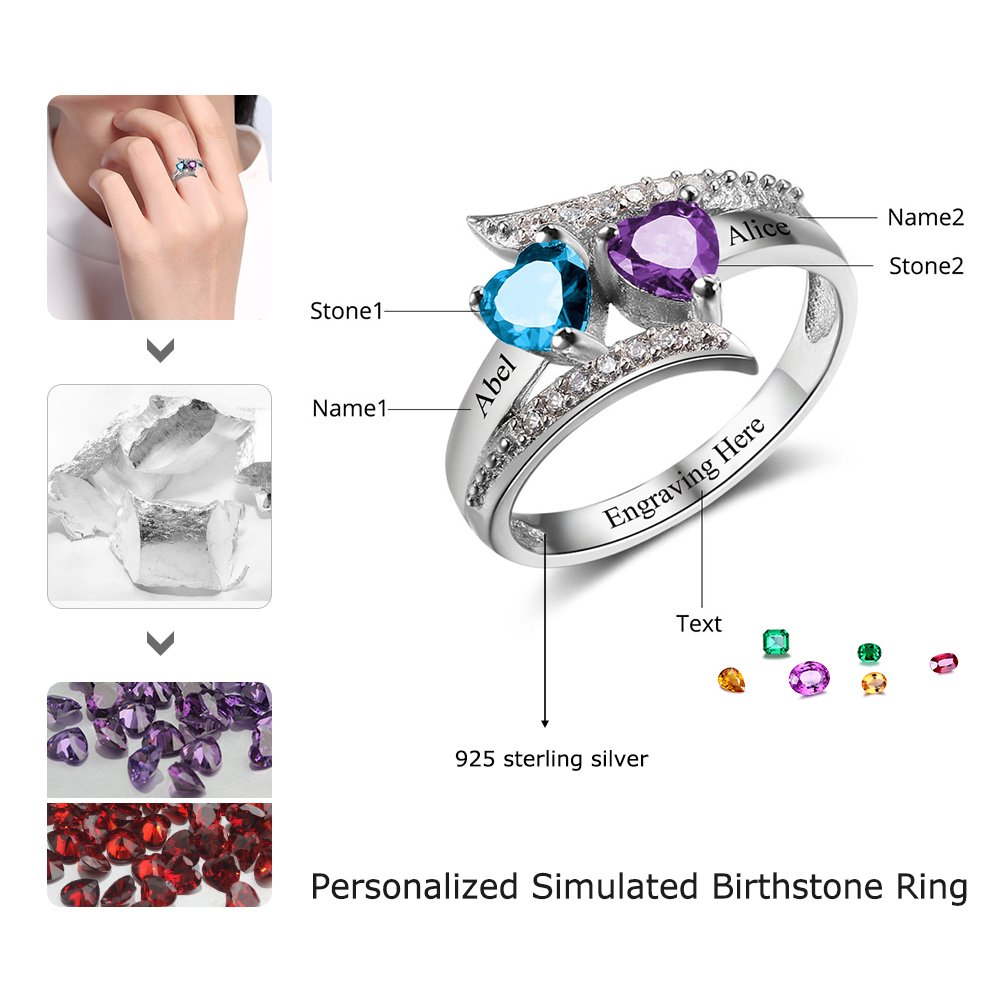 JewelOra Personalized 2 Simulated Birthstones Engagement Promise Ring For Her Couple Friendship Rings for Women (Silver, 7)