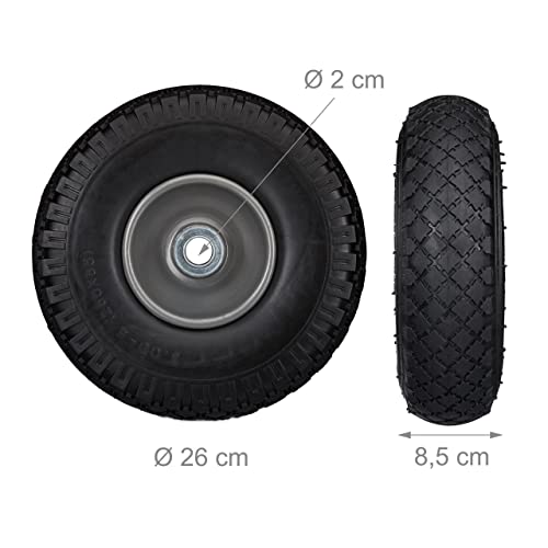 Relaxdays 10026069_957 2 x Hand Truck Tyre, Non-Flat Solid Rubber Wheels, 3.00-4β, 20mm Axle, 150 kg, 260 x 85 mm, Black-Grey