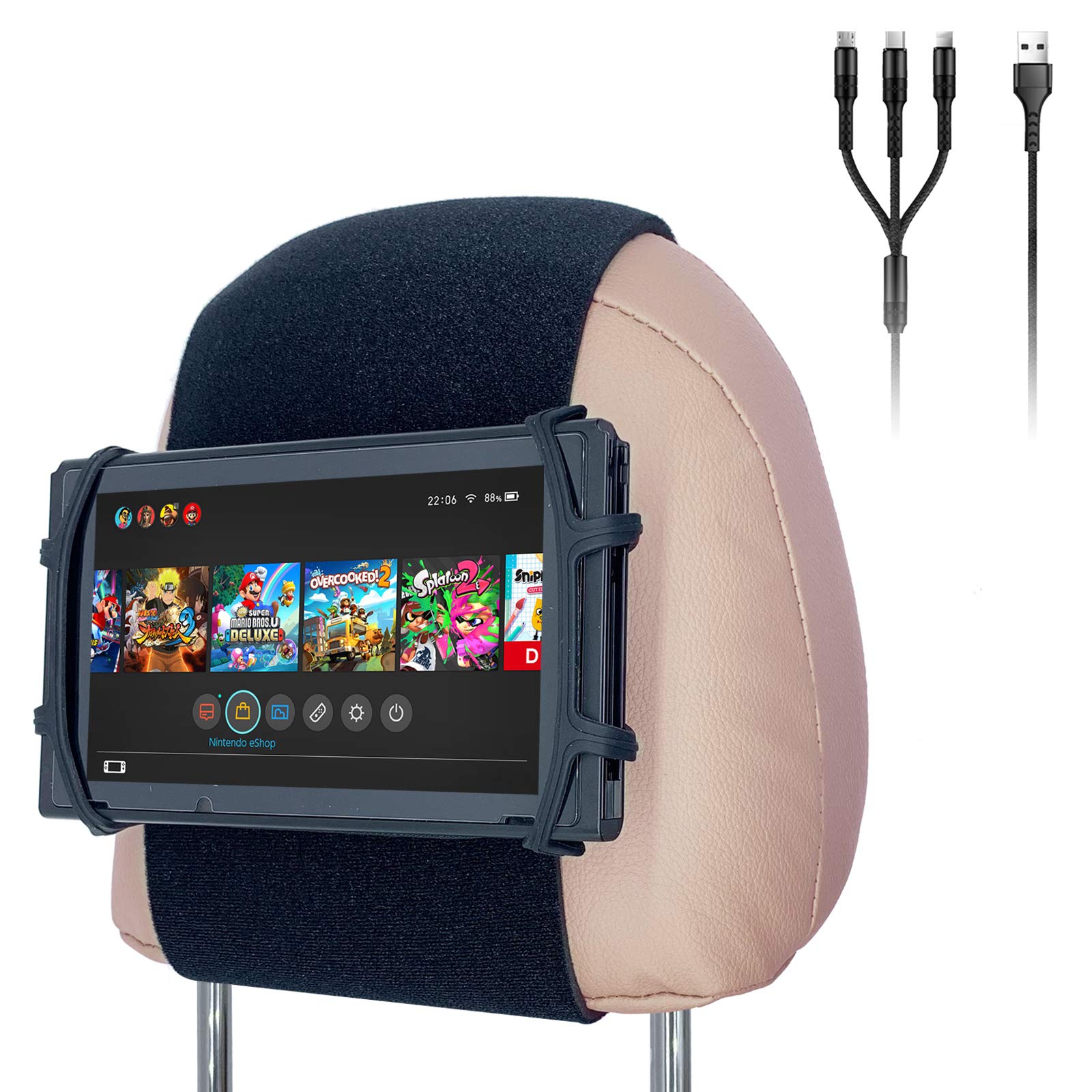 LEVELHIKE Car Headrest Mount Silicon Holder for Nintendo Switch Console, iPad Mini, Kindle Paperwhite with 3-in-1 Charging Cable (Black)