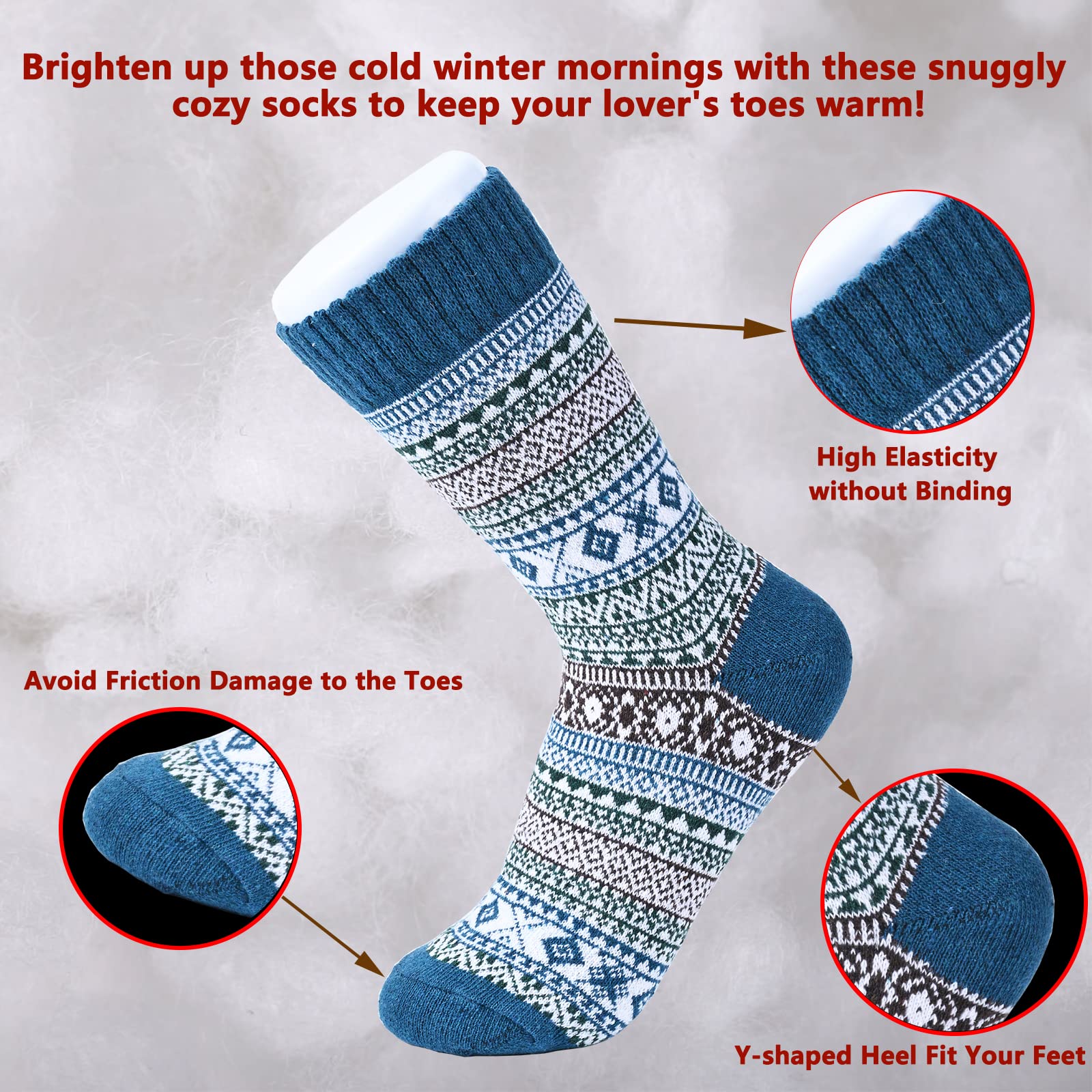 QIYISS 5 Pack Womens Wool Socks Winter - Soft Warm Cold Knit Wool Crew Socks Christmas Gift Socks for Women Vintage Casual Socks
