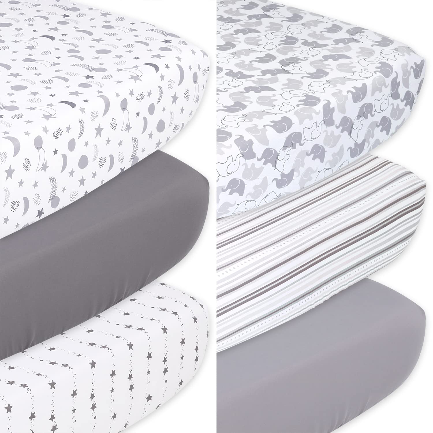 The Peanutshell Celestial Stars and Elephant Stripes Fitted Crib Sheets | Unisex 6 Pack | Grey, White