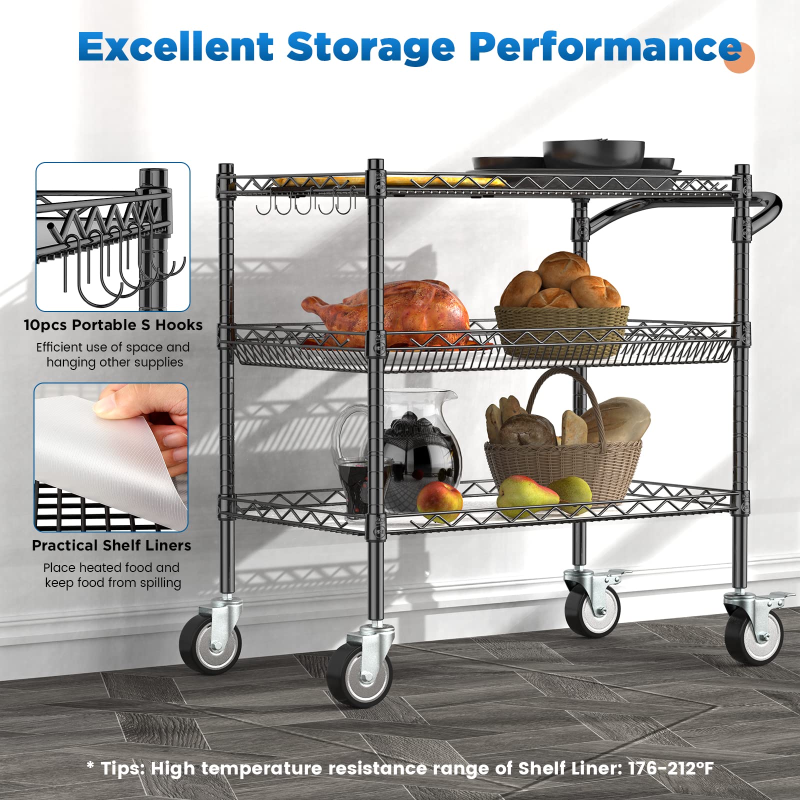 Leteuke 3 Tier Rolling Carts with Wheels,990Lbs Heavy Duty Rolling Utility Cart,NSF Commercial Grade Metal Cart with Handle&Shelf Liner,Trolley Serving Cart for Kitchen,Restaurant,Plant Display,Black