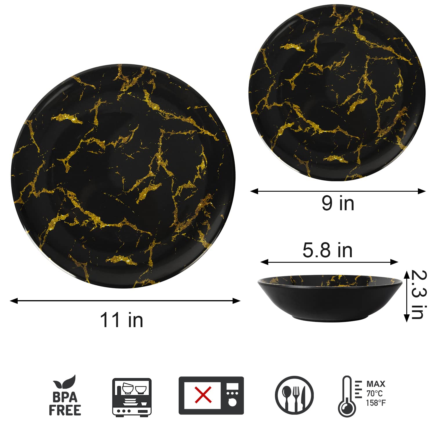 Melamine Dinnerware Sets - 12 pcs Melamine Plates Indoor and Outdoor use Black Marble Plates and Bowls Dinnerware Sets Camping Dish Set for 4 Dishwasher Safe(Sahara Gold)