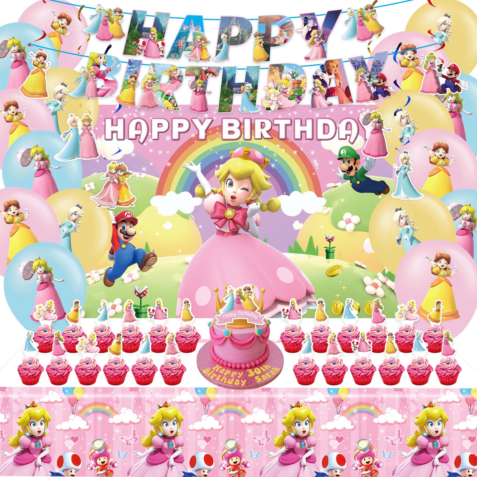 Mario Princess Peach Party Decorations, Mario Princess Peach Birthday Party Supplies Include Banner, Balloons, Hanging Swirls, Backdrops, Cake Toppers, Tablecloth, Mario Princess Peach Party Favors