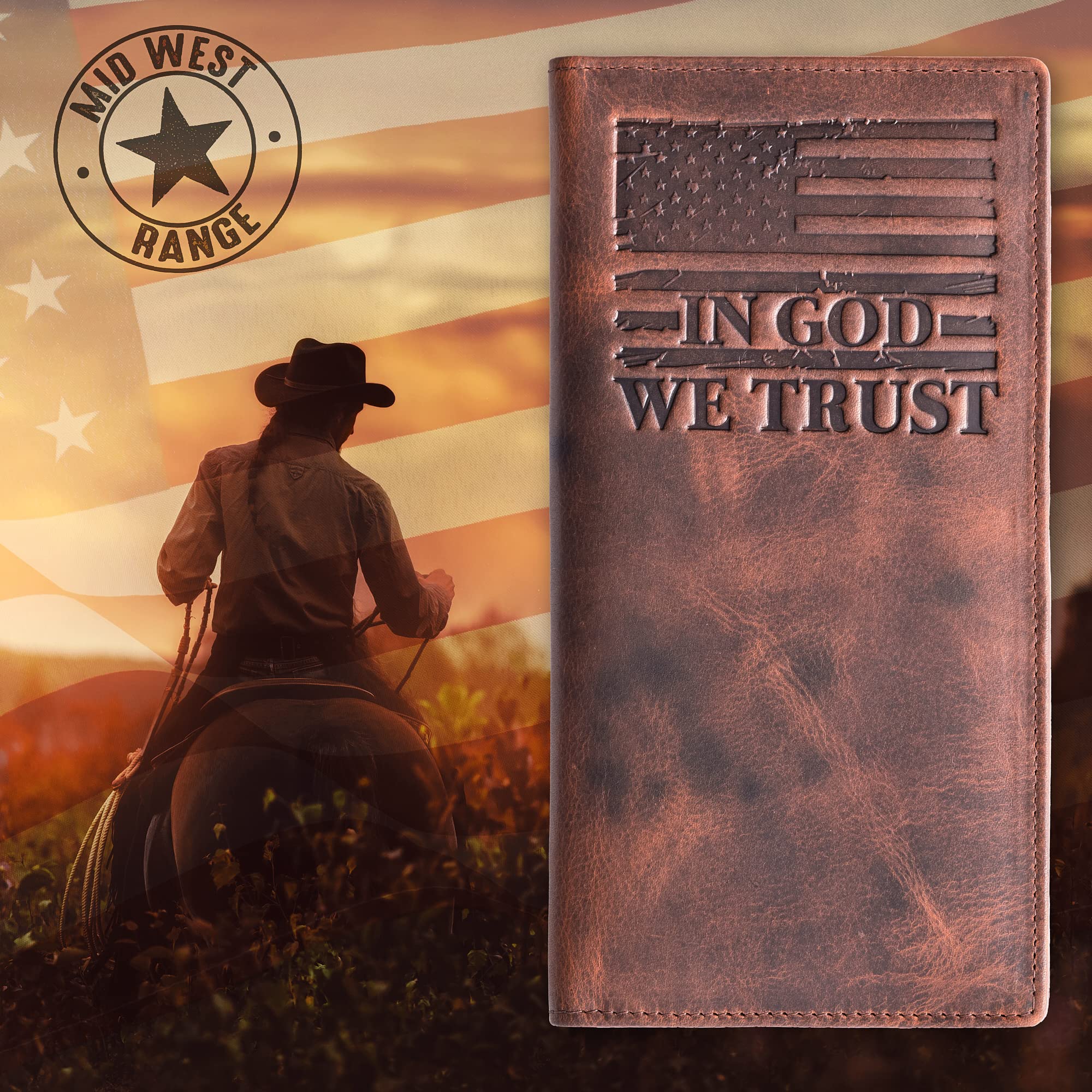MID WEST RANGE Rodeo Bull Western Wallet for Men. Full Grain Leather Checkbook Wallet. RFID Blocking Rodeo Bull Long Wallet for Men. Gift Wallet for Cowboys