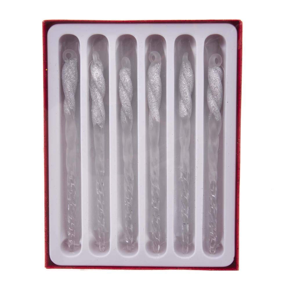 Kurt S. Adler 6-Inch Twisted Frosted Silver Glitter Icicles, 6 Piece Set