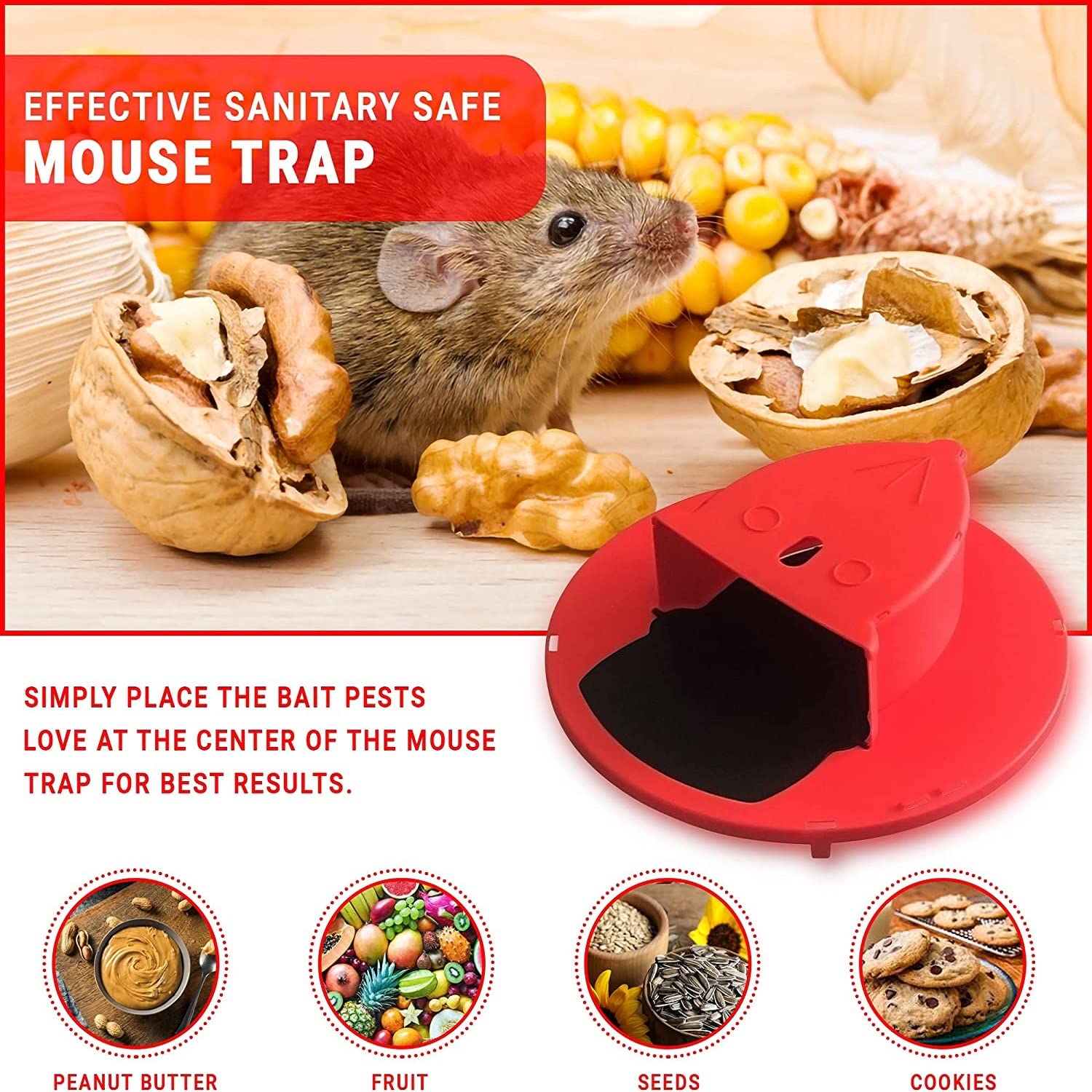SJNDY Pack 2 Bucket Lid Mouse Trap, 5 Gallon Bucket Compatible, Mouse Catching Tool, Trap Door Style, Multi Catch, Auto Reset, Indoor Outdoor (Wine)