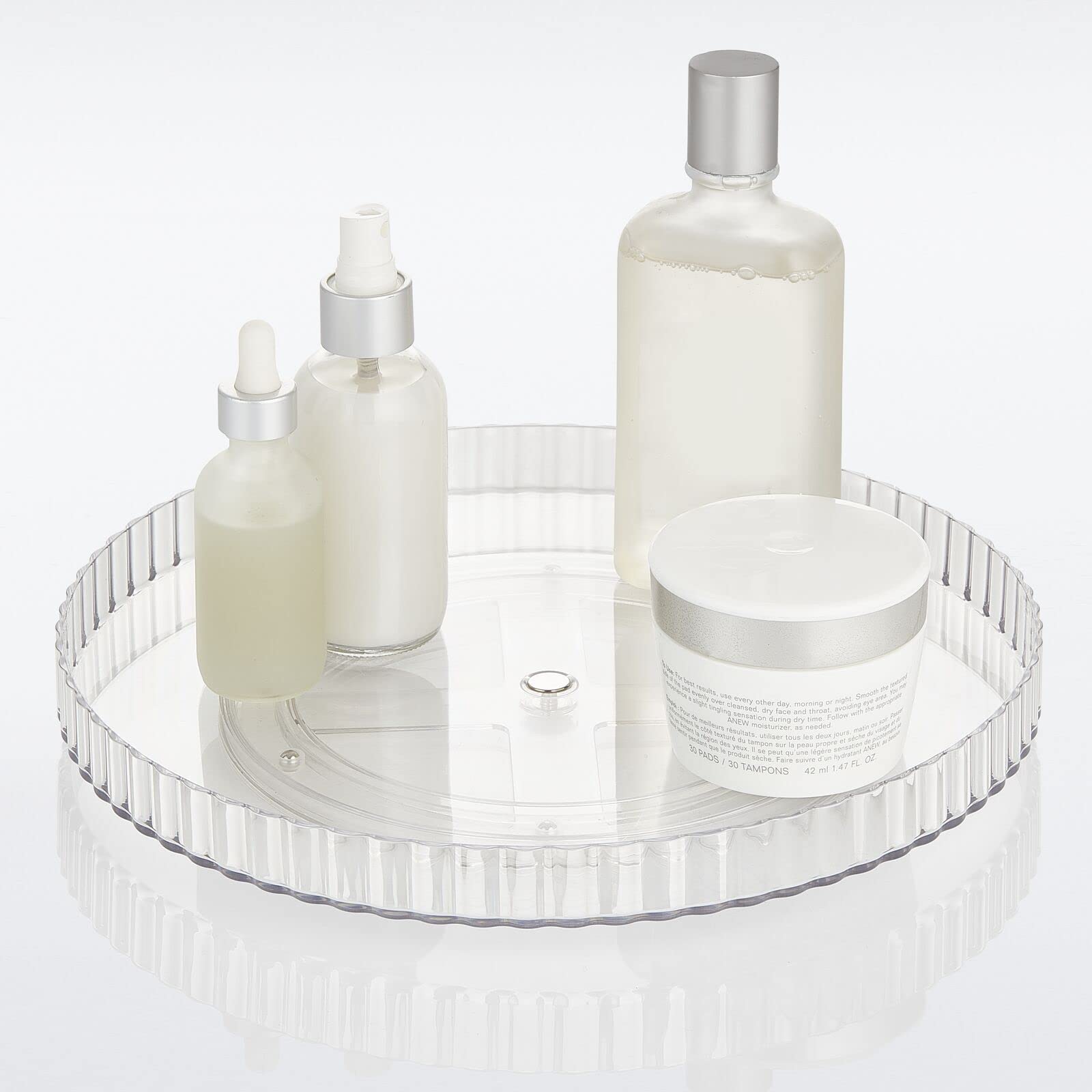 mDesign Plastic Deep Bathroom Bin with Handles and 11.5" Fluted Lazy Susan Turntable Plastic Spinner Combo Set for Organization in Bathroom, Closet, Cabinet, or Vanity Countertop - Set of 2 - Clear