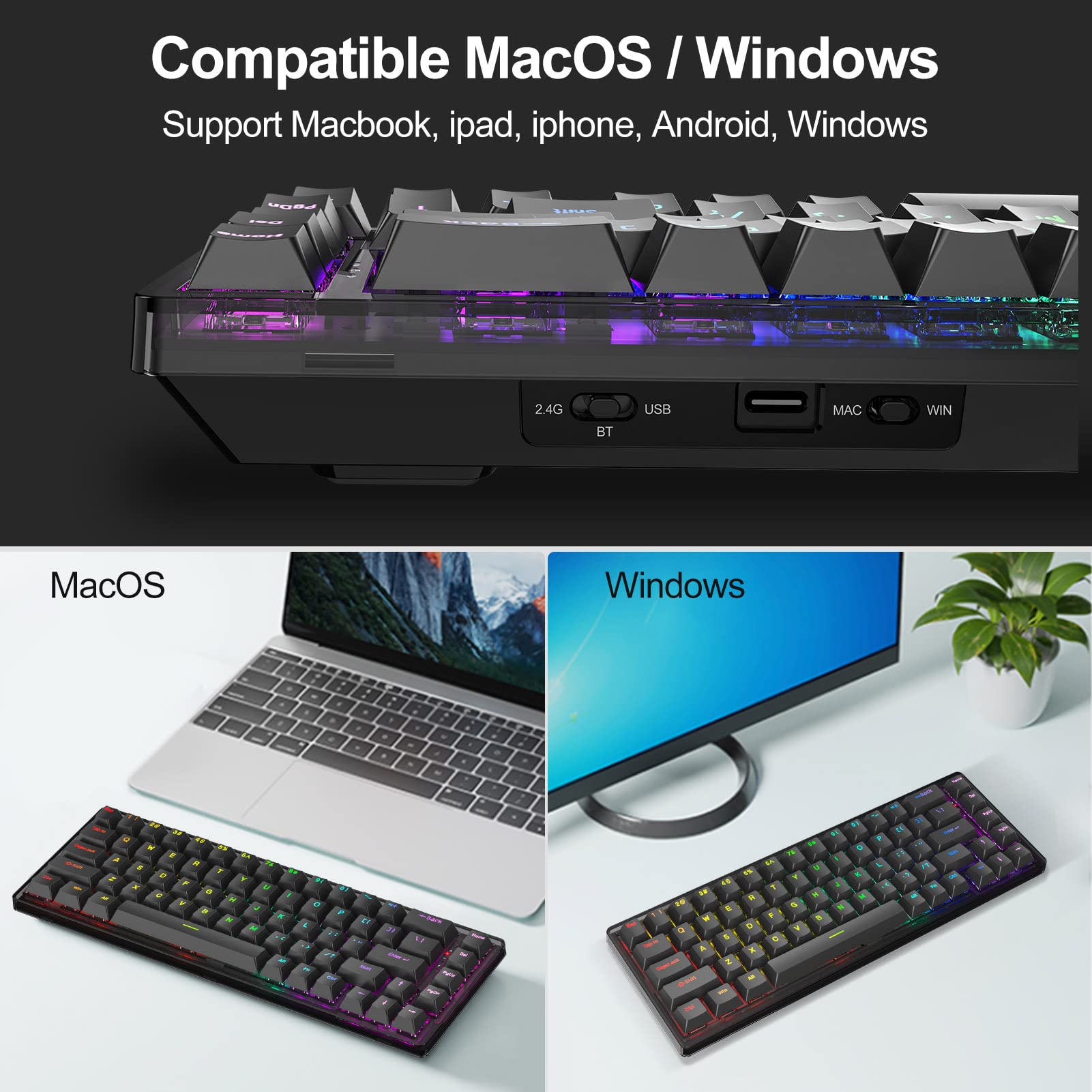 NPET K611 Wireless 60% Triple Mode BT5.0/2.4G/USB-C Mechanical Keyboard, 68 Keys Bluetooth Mechanical Keyboard, Compact Gaming Keyboard for Windows/Mac/Android/iOS (Hot Swappable Red Switch, Black)