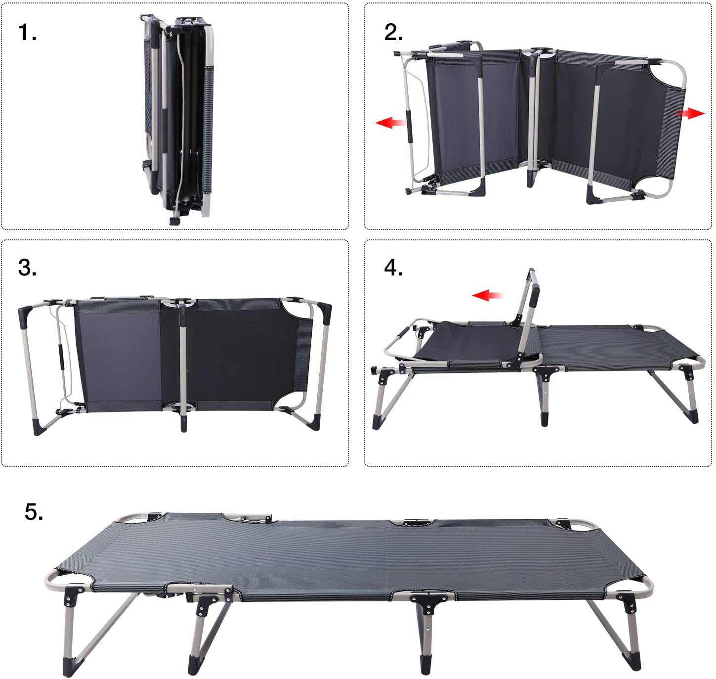 REDCAMP Folding Camping Cot with Thicker Cot Mattress Pad, Adjustable 4-Position Reclining Folding Chaise Lounge Chair with Pillow for Camping, Outdoor Beach Pool