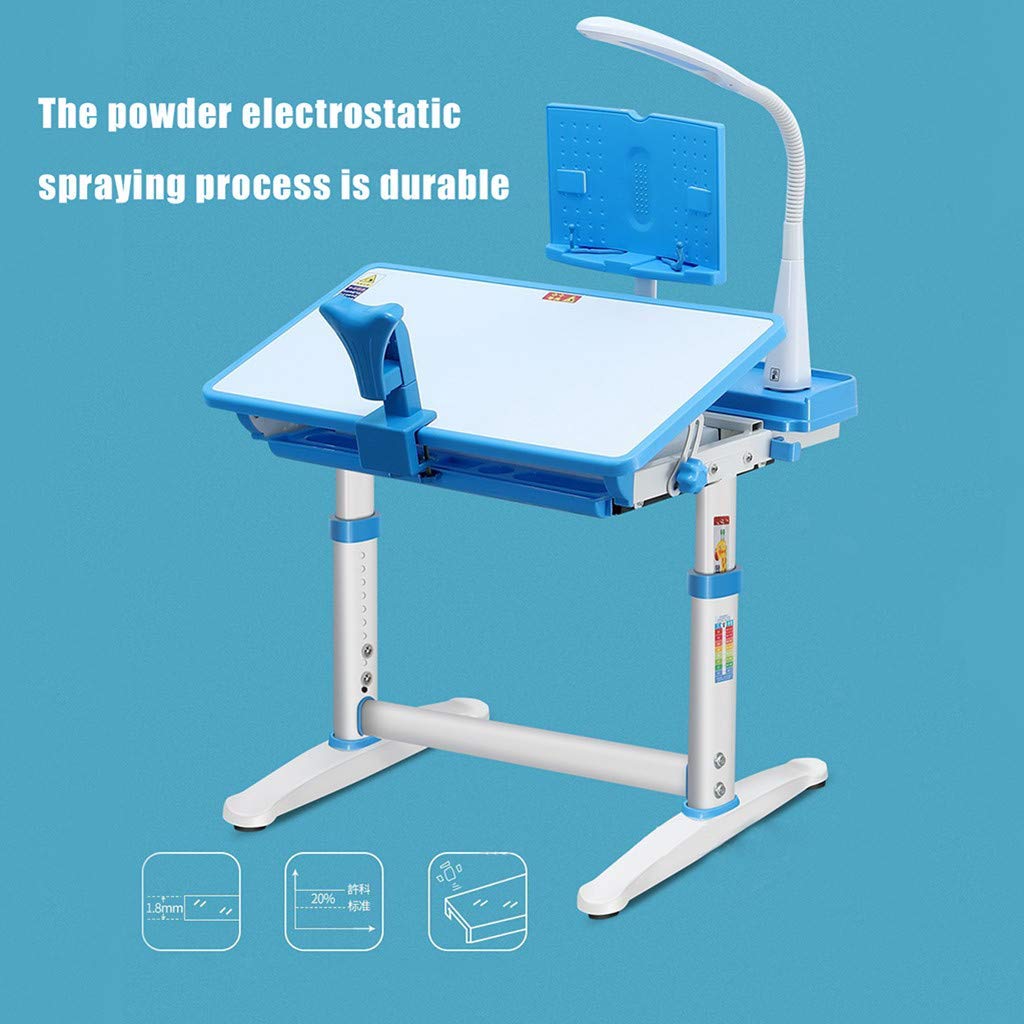 Kids Desk, Children Height Adjustable Study Desk and Chair Set, Children Home Study Table Students Writing Desk with Lamp, Drawer, Bookstand, Pencil Case, Bookstand, Blue
