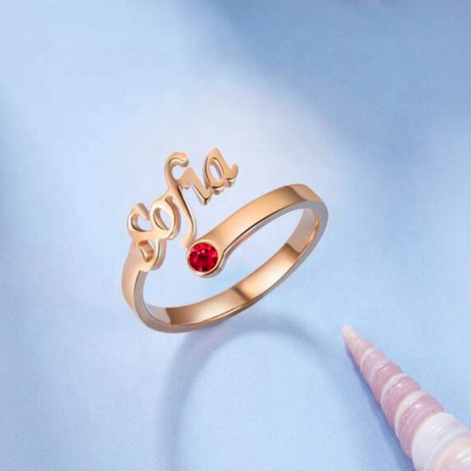 MRENITE 10k 14k 18k Solid Yellow Gold Personalized Name Ring with Crystal Birthstone β Dainty Nameplate Letters Engraving Engagement Ring- Custom Any Name Gift for Women Her