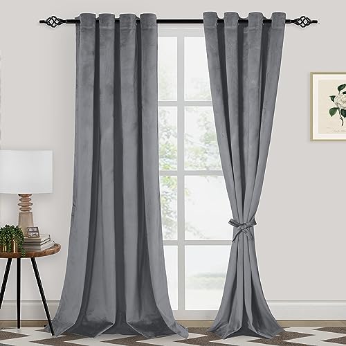 XWZO Velvet Curtains 96 Inches Long - Soft Room Darkening Thermal Insulated Thick Window Curtain Panels for Bedroom/Gallery/Home Theater/Patio Door with Tiebacks, Grommet, Grey, W52 x L96, Set of 2