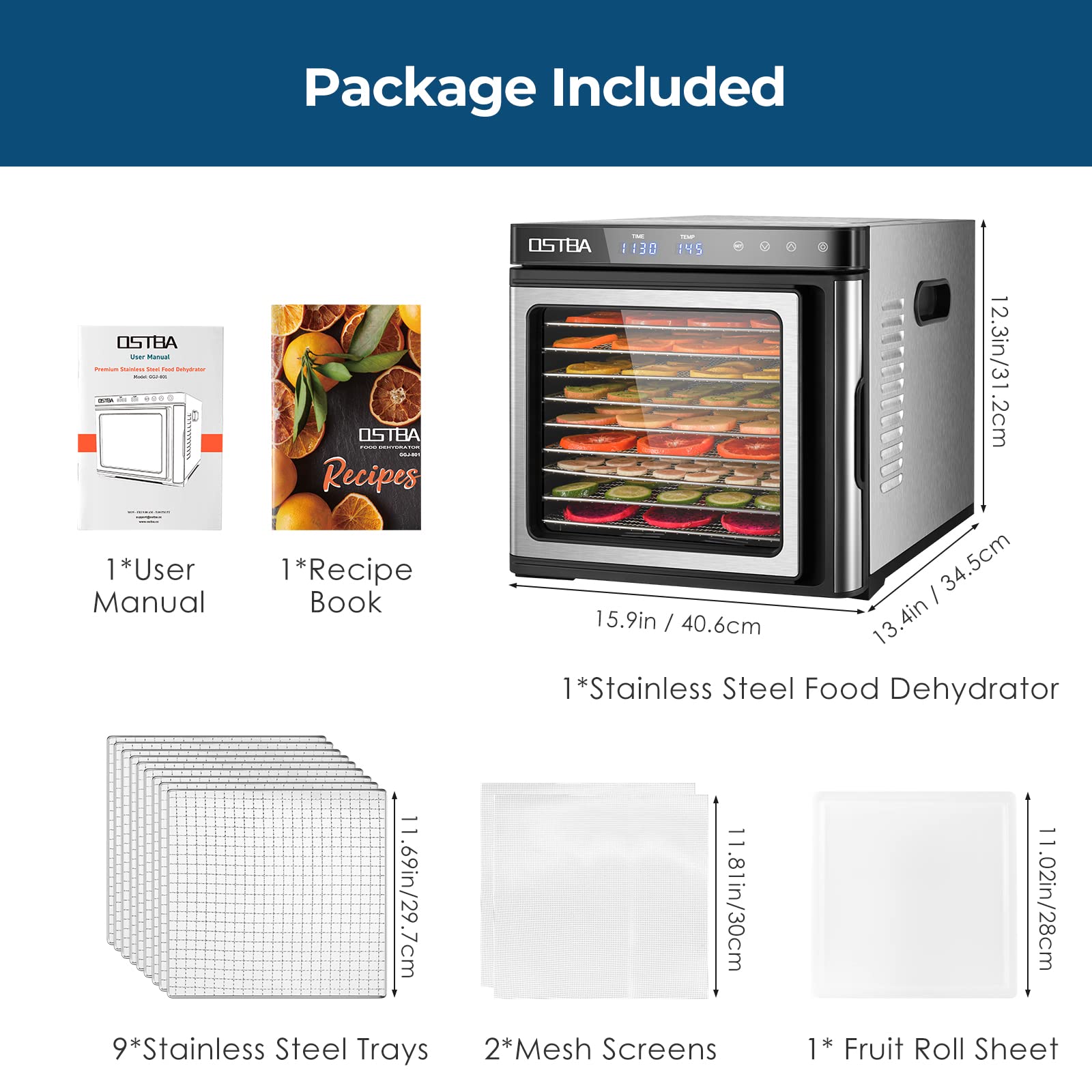 OSTBA Food Dehydrator Machine, 9 Stainless Steel Trays Dehydrators for Food and Jerky, Herbs, Veggies, Fruits, Adjustable Temperature and 48H Timer, Overheat Protection, 1000W, Recipe Book Included
