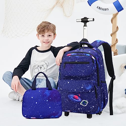 Meetbelify Backpack with Wheels for Boys Rolling Backpack Kids Luggage with Lunch Box Set for Elementary Students Travel Laptop Suitcase
