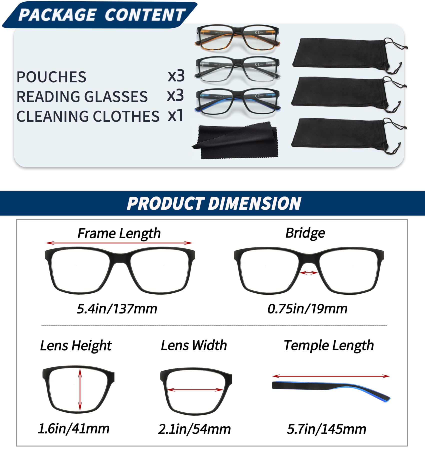 JJWELL 3 Pack Reading Glasses for Men Blue Light Blocking with Spring Hinge, Anti Eyestrain/Dryness/UV Large Wide Square Readers for Men, Two Tone Computer Reader Glasses Eyeglass(1.75 Strength)