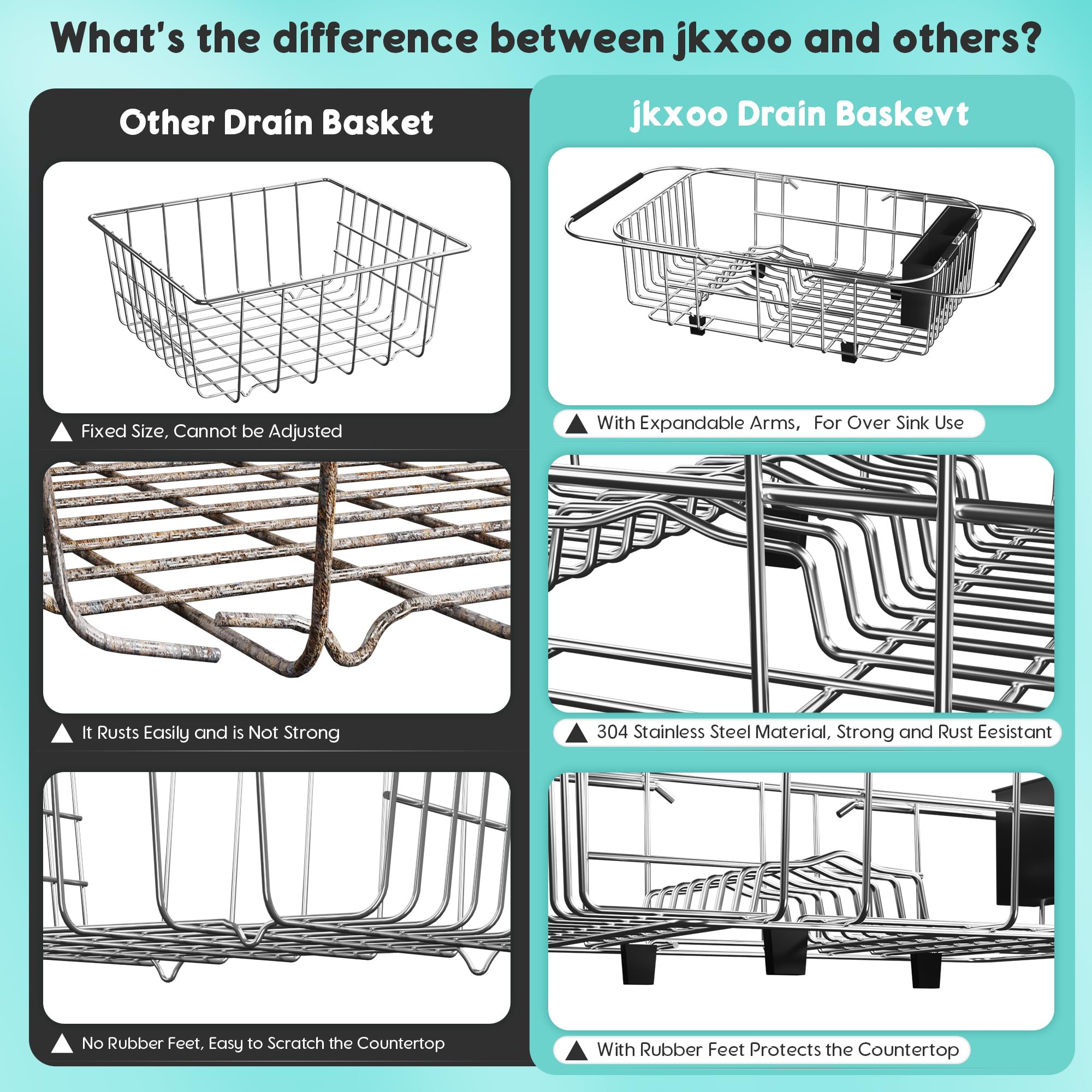 jkxoo Expandable Dish Drying Rack, Adjustable Over The Sink Dish Drying Rack with Black Utensil Storage Holder, 304 Stainless Steel Dish Racks for Kitchen Counter in Sink or On Counter