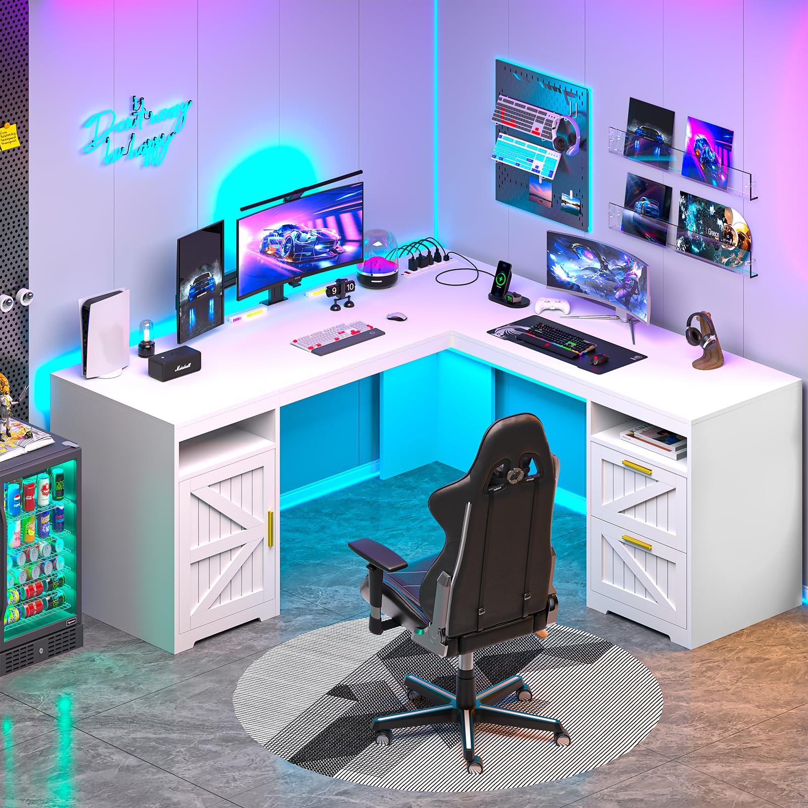YOMILUVE 59" Farmhouse L Shaped Desk with Drawers & Storage Shelf, Corner Computer Desk with Power Outlets for Home Office, Executive Desk with Printer Shelf, White