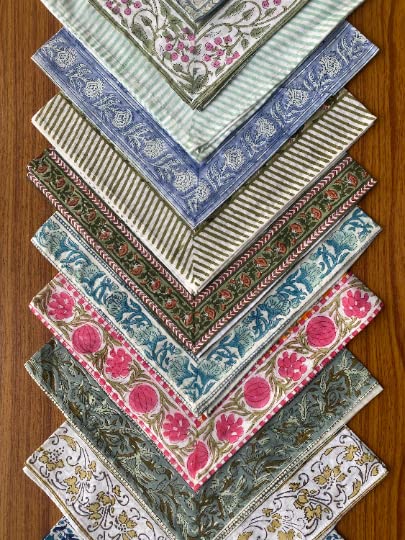 Napkins, Kitchen Towels, Table Decor, Table Linen, Cotton Cloth Border Napkins, Size 20"x 20", Hand Block Print Lunch, Dinner Napkins (Mix Border Napkin, Set of 8-20x20 Inch)