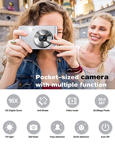 Lecran Digital Camera FHD 1080P 36.0 MP Vlogging Camera with 16X Digital Zoom, LCD Screen, Compact Portable Mini Cameras for Students, Teens, Kids (Silver Grey)