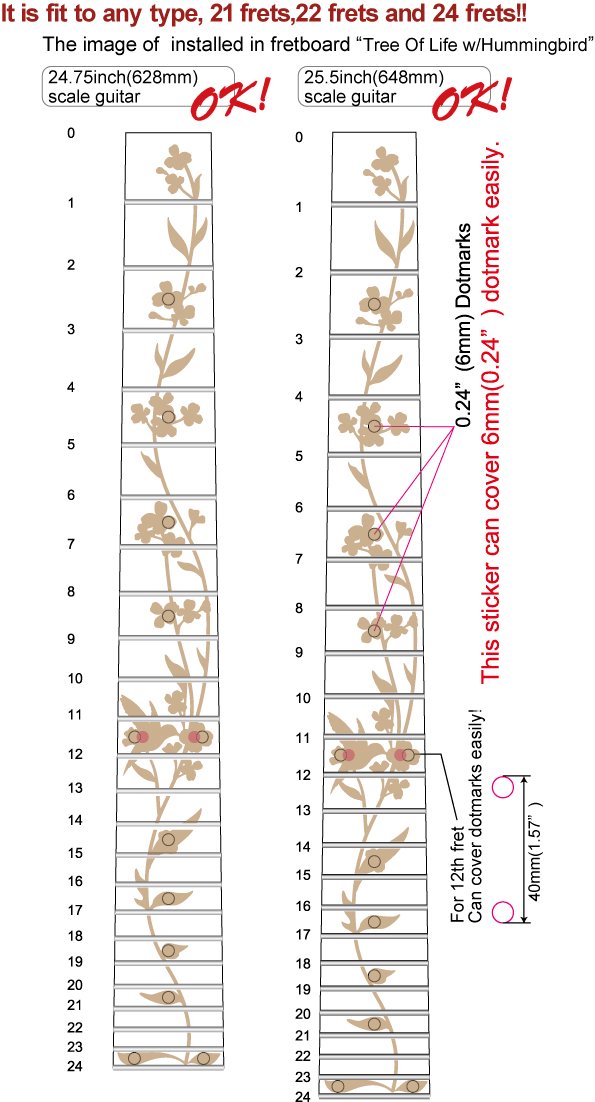 Inlay Sticker Fret Markers for Guitars - Tree of Life w/Hummingbird, FT-055TL-HM