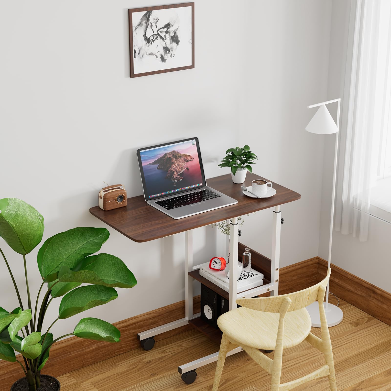 JACENHONE Home Office Desk Height Adjustable End Table Creative Laptop Cart Side Table with Wheels & Storage Shelves for Study Room Bedroom Living Room 16" D x 31" W x 33" H (Walnut)