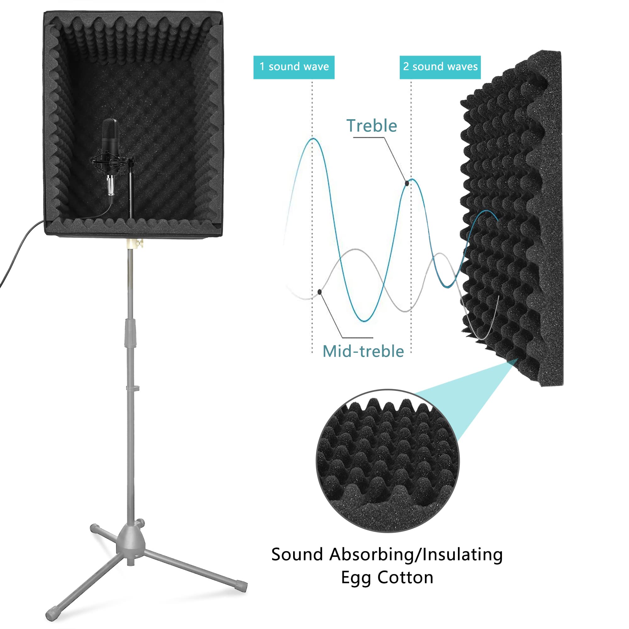 Portable Sound Recording Shield Box,Microphone Isolation Booth Box with Sound Absorbing Foam,Foldable,Stand Mountable,Suitable for studio, Blog, Vocal Use Large